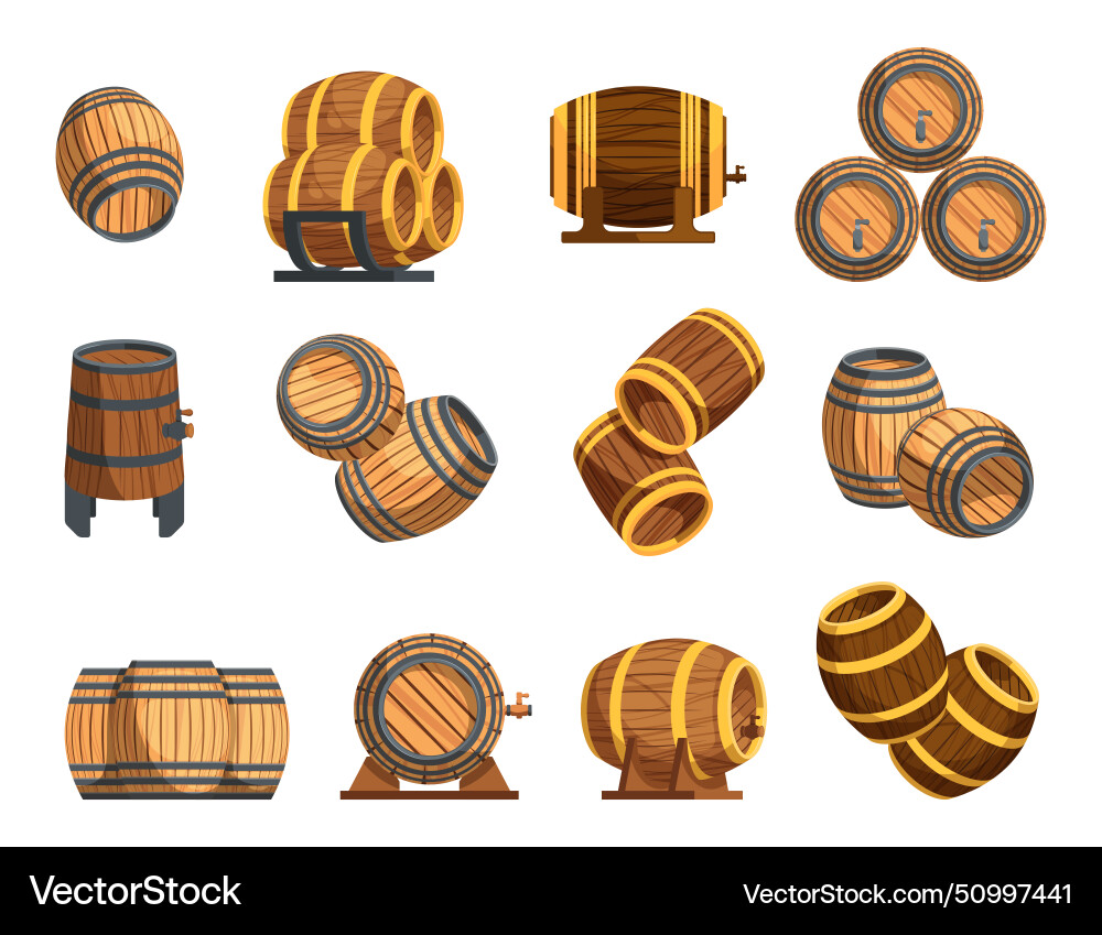 Wooden Cask And Barrels Wine Keg Beer Barrel Vector Image