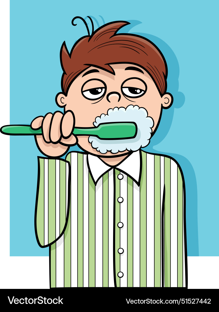 Cartoon sleepy boy brushing his teeth Royalty Free Vector