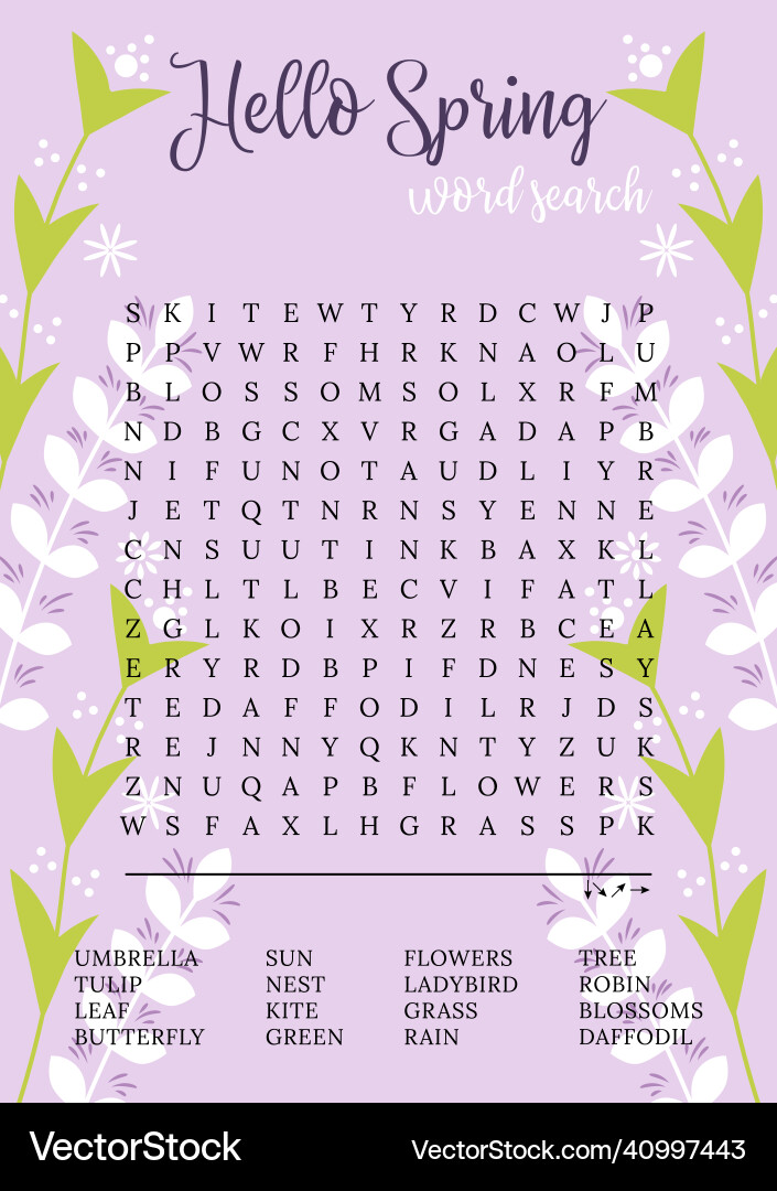 Spring word search puzzle with flowers Royalty Free Vector