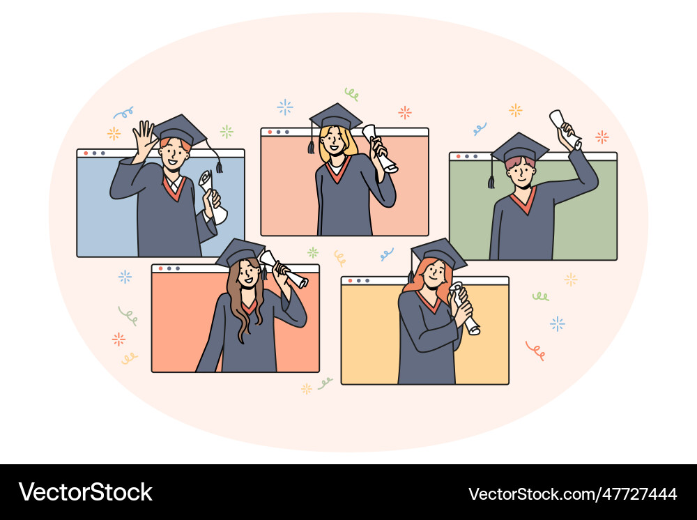 Happy students graduate online Royalty Free Vector Image