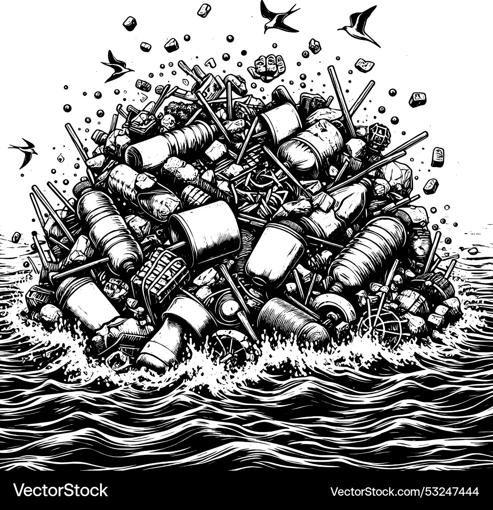 Ocean pollution with plastic waste in monochrome Vector Image