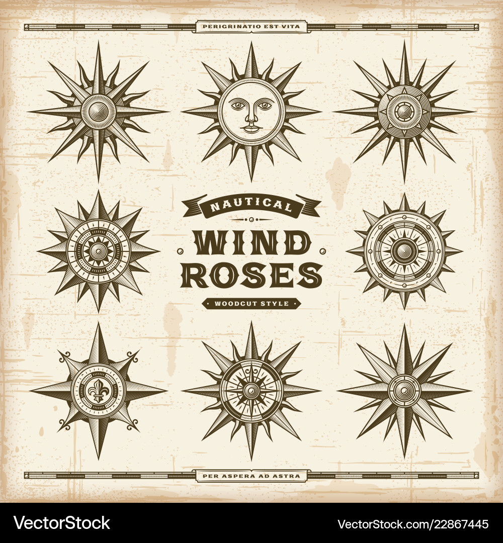 Vintage nautical wind roses set Royalty Free Vector Image