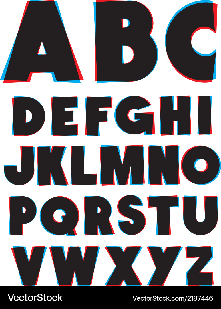 3d glasses effect alphabet font type Royalty Free Vector