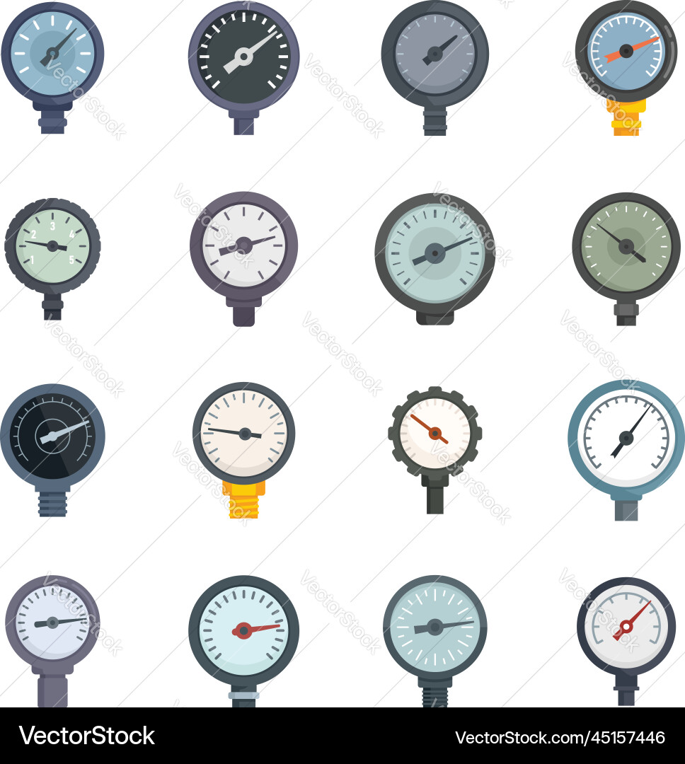 Manometer icons set flat pressure gauge Royalty Free Vector