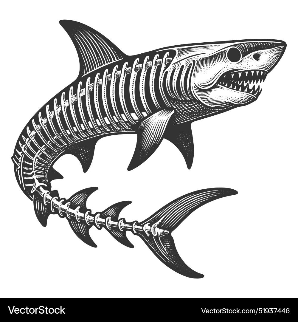 Skeleton shark engraving Royalty Free Vector Image