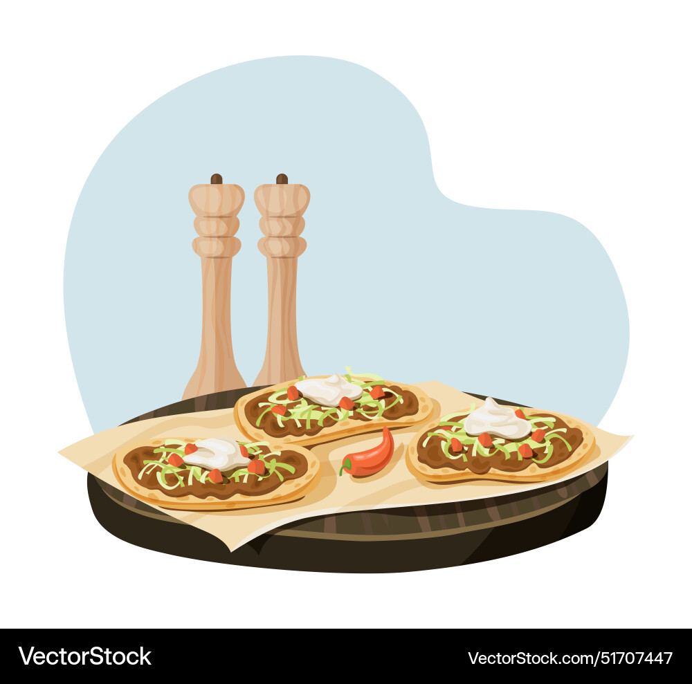 Tostadas with toppings and pepper mills Royalty Free Vector