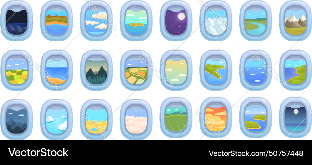 Airplane window view icons set cartoon Royalty Free Vector