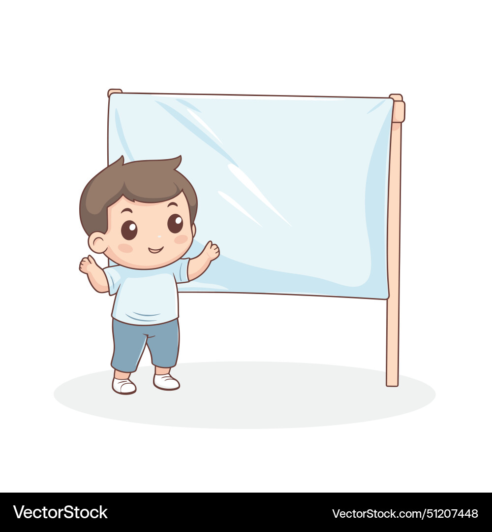 Young boy presenting large blank banner ready text