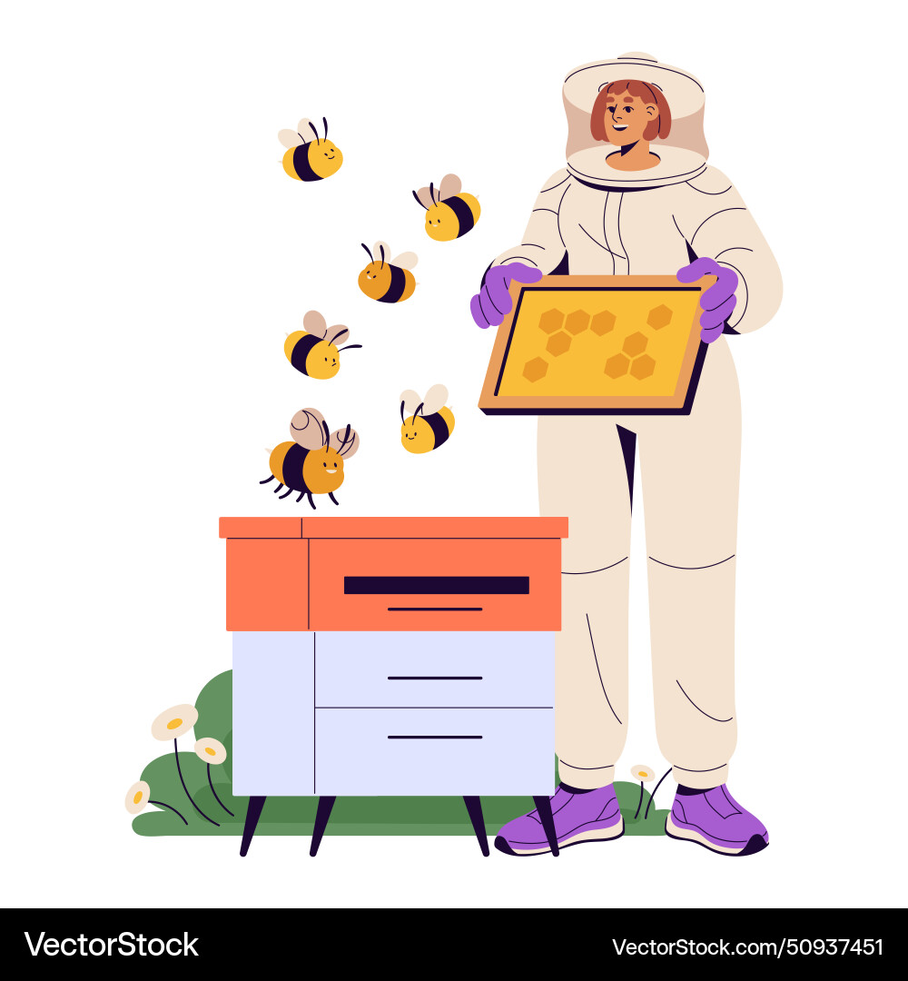 Apiarist in protective suit holds honeycomb frame Vector Image