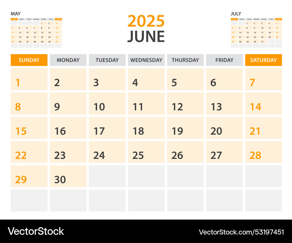 Calendar 2025 template- june year Royalty Free Vector Image