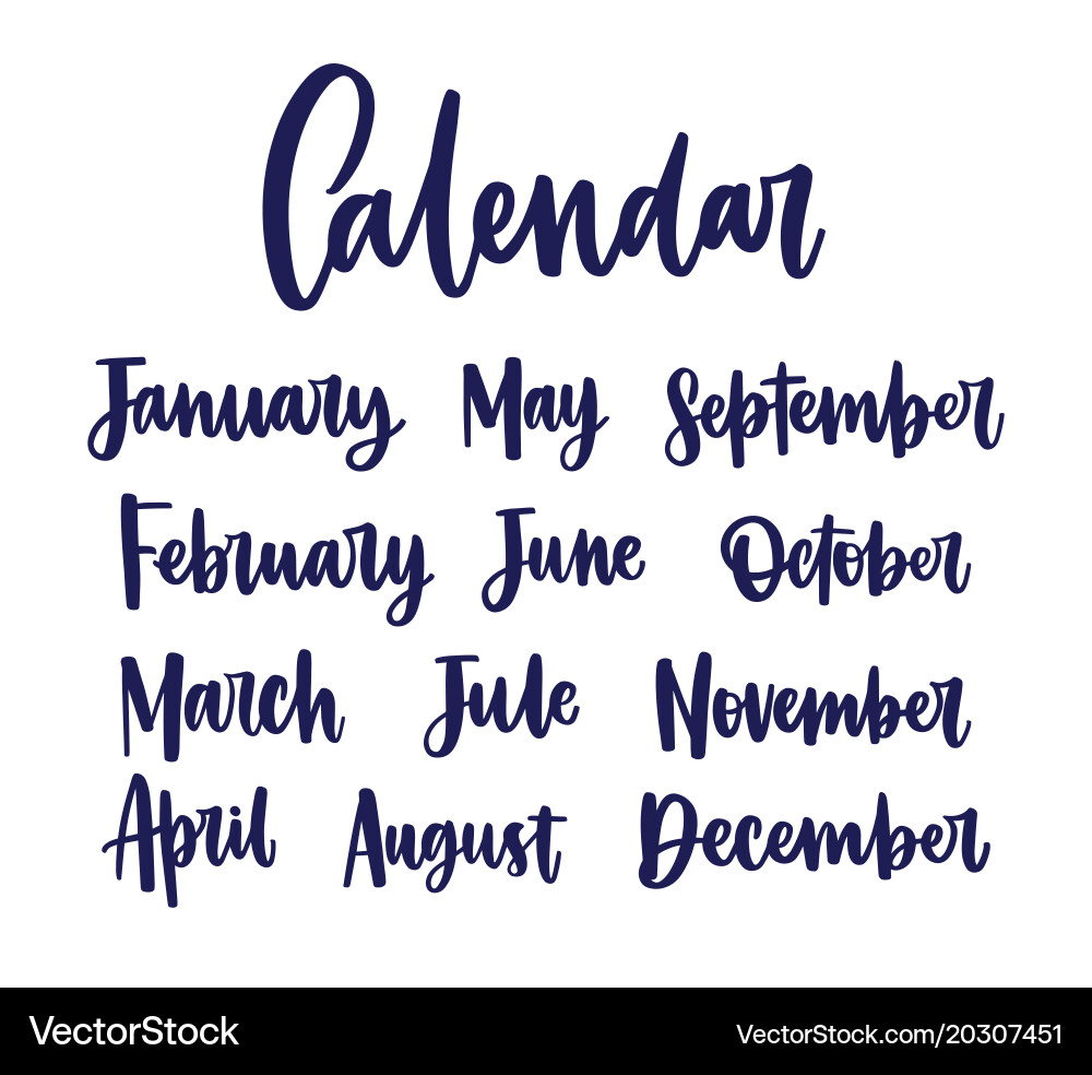 Collection names months handwritten Royalty Free Vector