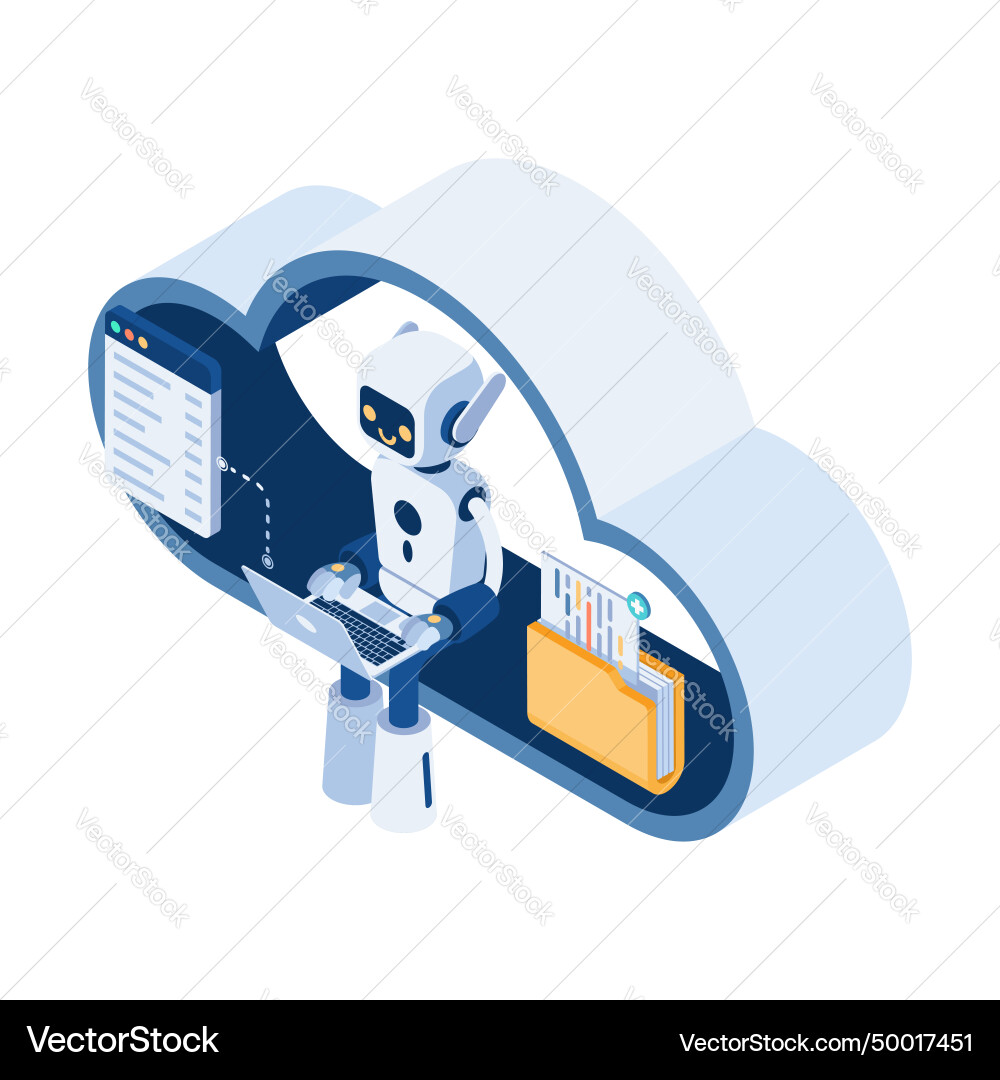 Isometric ai robot working on cloud Royalty Free Vector
