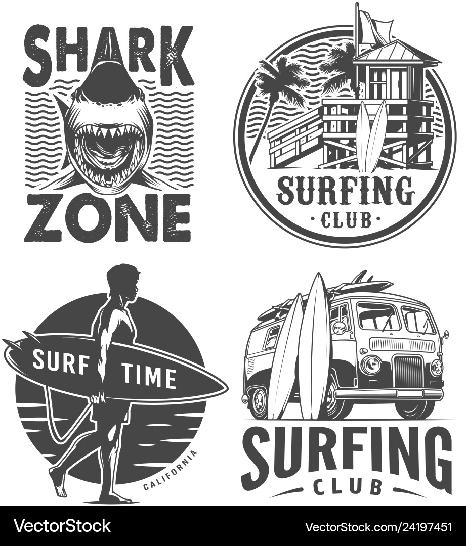Vintage surf logos monochrome set Royalty Free Vector Image