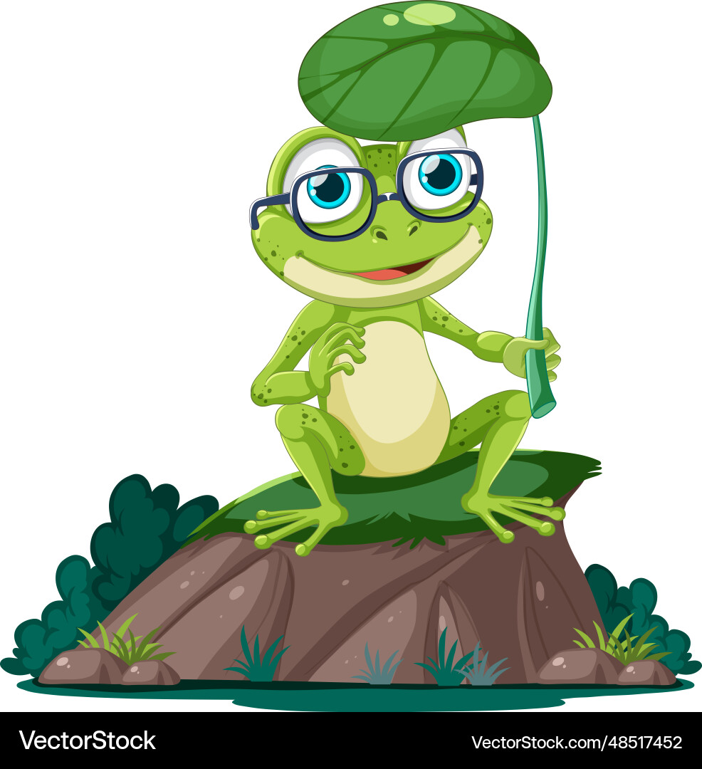 Green frog sitting rock cartoon character Vector Image