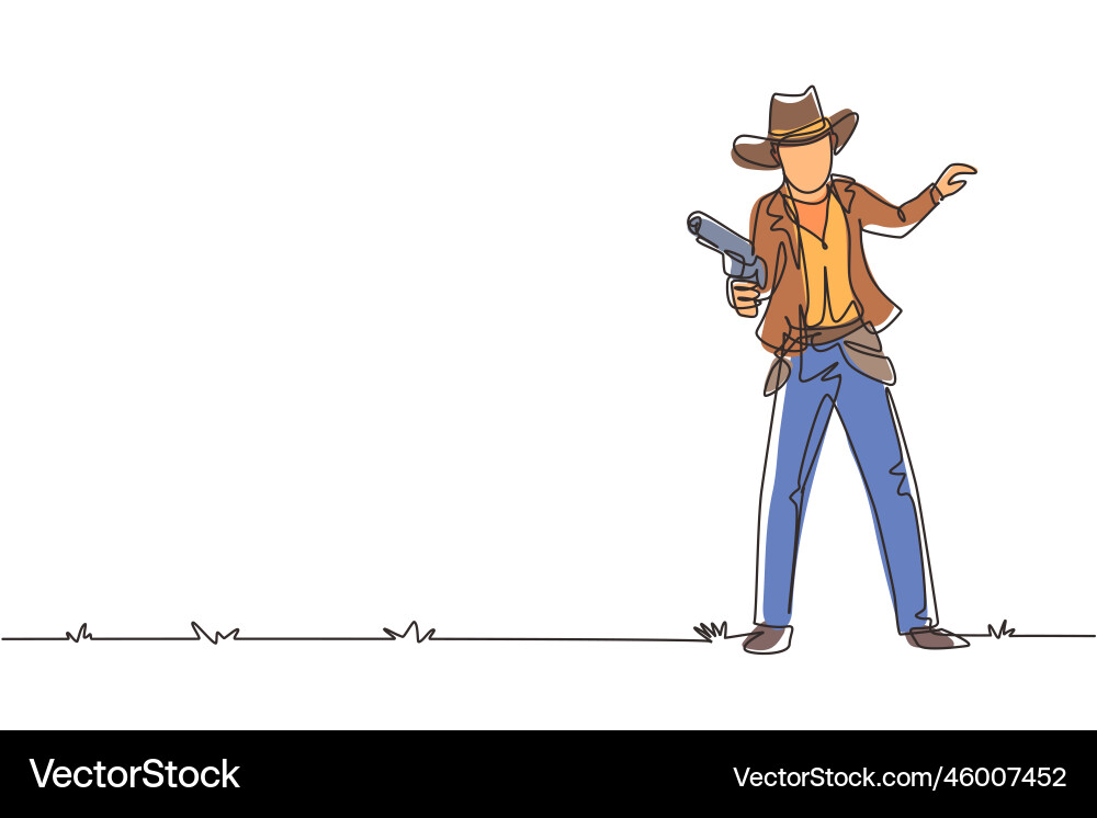Single one line drawing smart cowboy holding his Vector Image