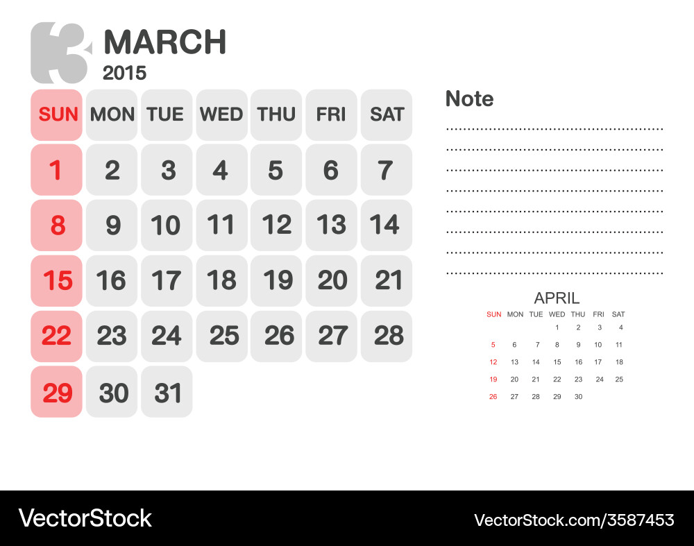 Calendar march 2015 Royalty Free Vector Image - VectorStock