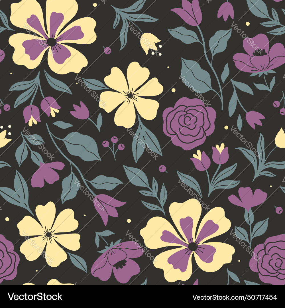 Seamless pattern with purple and yellow flowers Vector Image