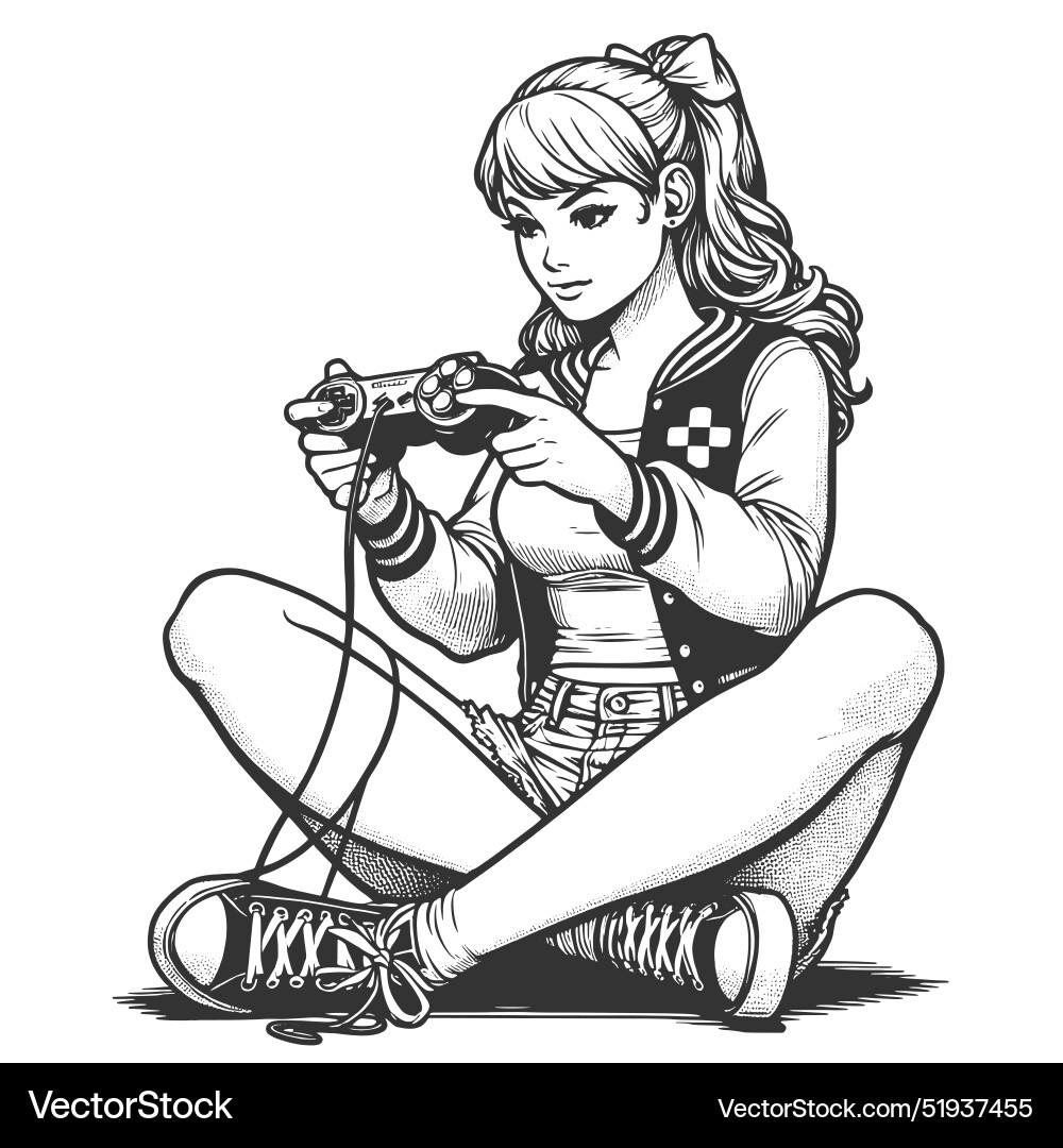 Girl playing video games engraving Royalty Free Vector Image