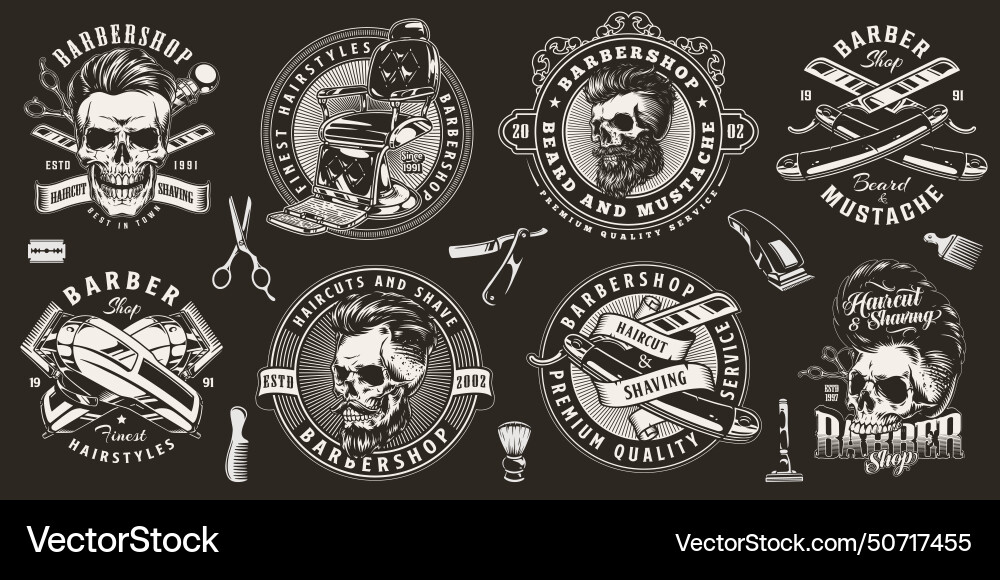 Mens barber monochrome set labels Royalty Free Vector Image