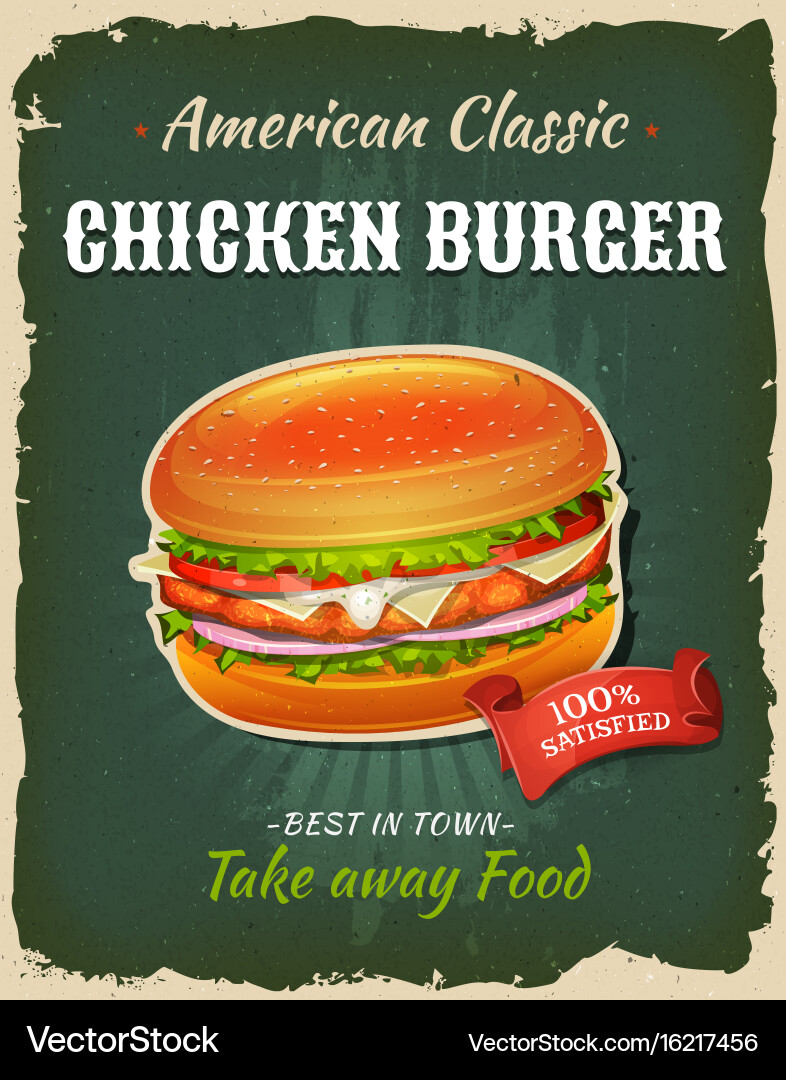 Vintage Chicken Burger Poster Royalty Free Vector Image