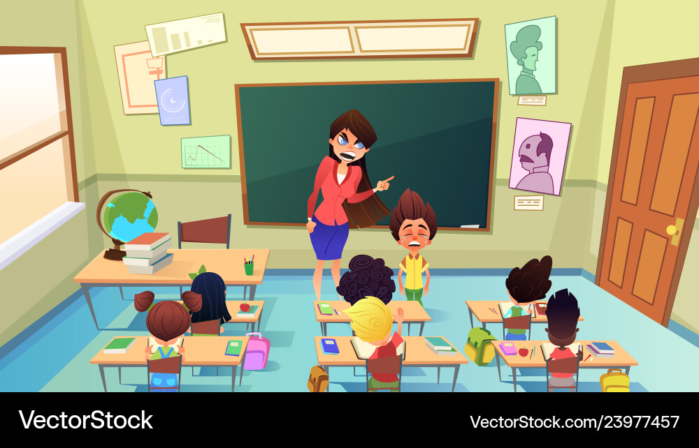 Teacher scolding pupil in class cartoon Royalty Free Vector