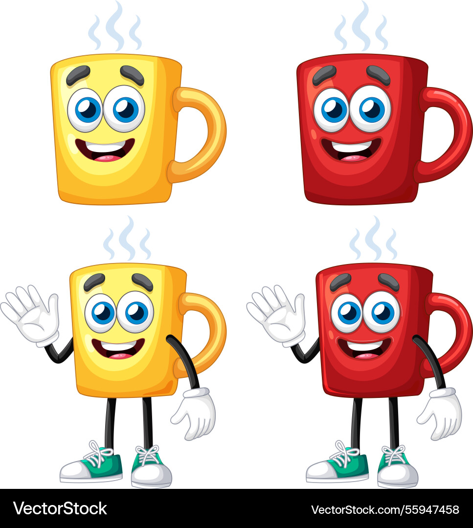 Animated mugs with smiling faces vibrant colors Vector Image