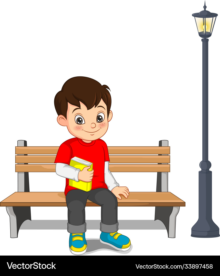 Cartoon happy boy sitting on bench Royalty Free Vector Image
