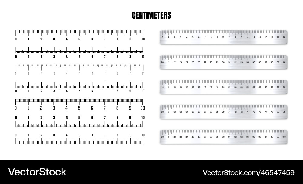 Realistic metal rulers with black centimeter scale