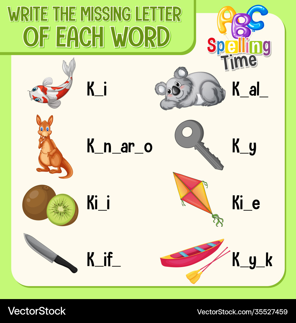 Write missing letter each word worksheet Vector Image