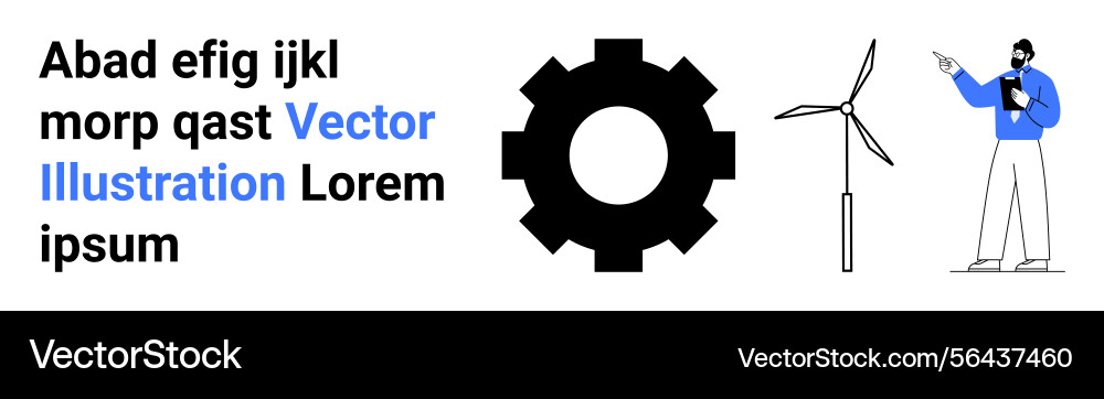 Engineer pointing at wind turbine beside gear icon