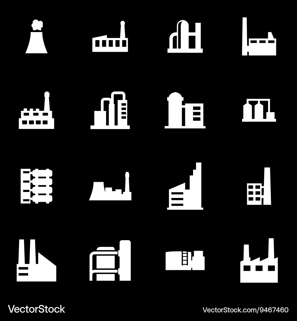 Factory Icon Set - White on Black Royalty Free Vector Image