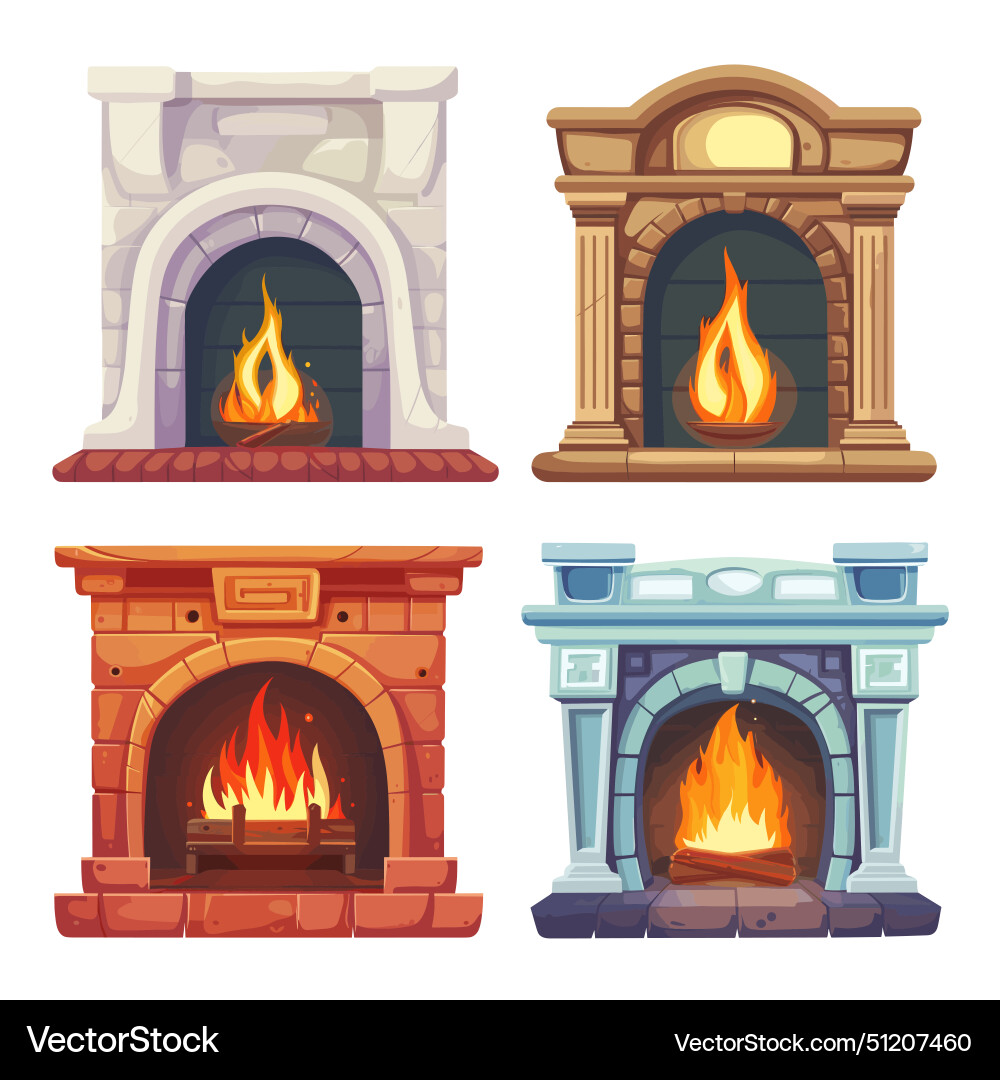 Four cartoonstyle fireplace designs featuring Vector Image