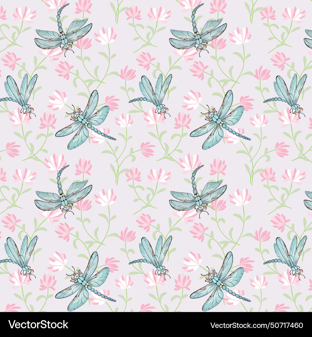 Pattern with dragonflies on flowers Royalty Free Vector
