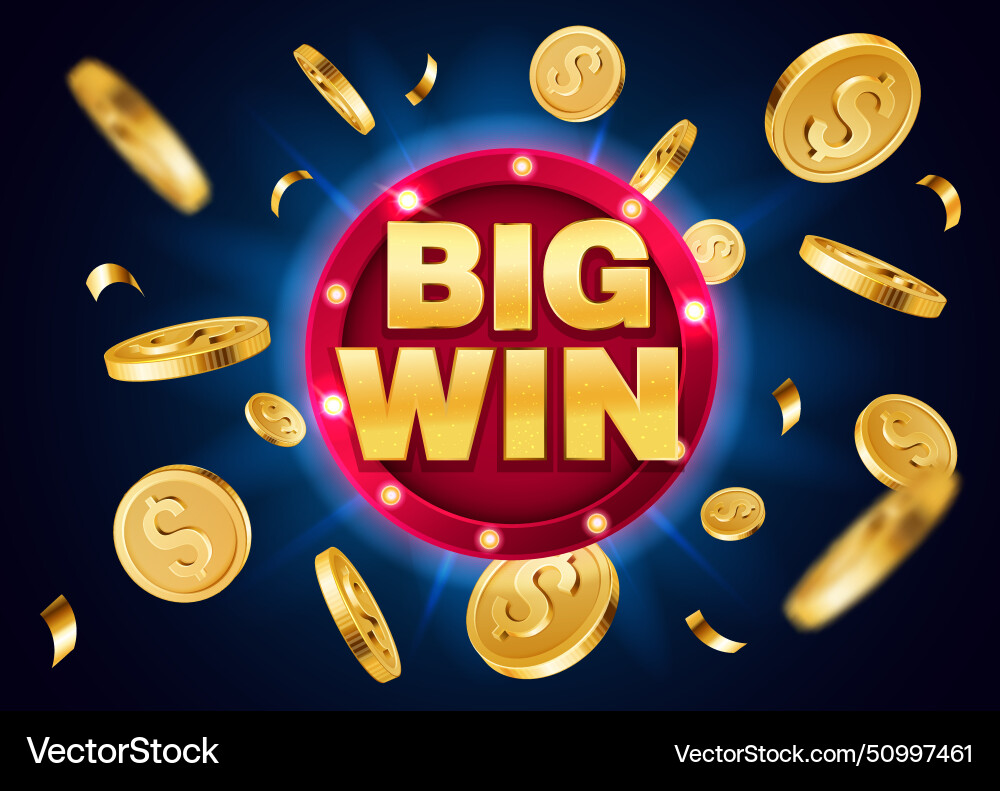 Big win golden text with red glowing round frame Vector Image