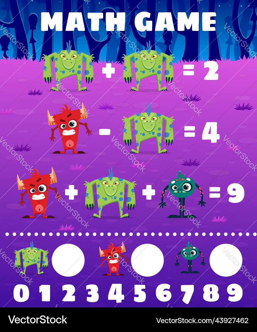Cartoon monsters characters math game worksheet Vector Image