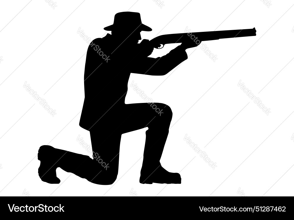 Hunter kneeling and shooting silhouette Royalty Free Vector