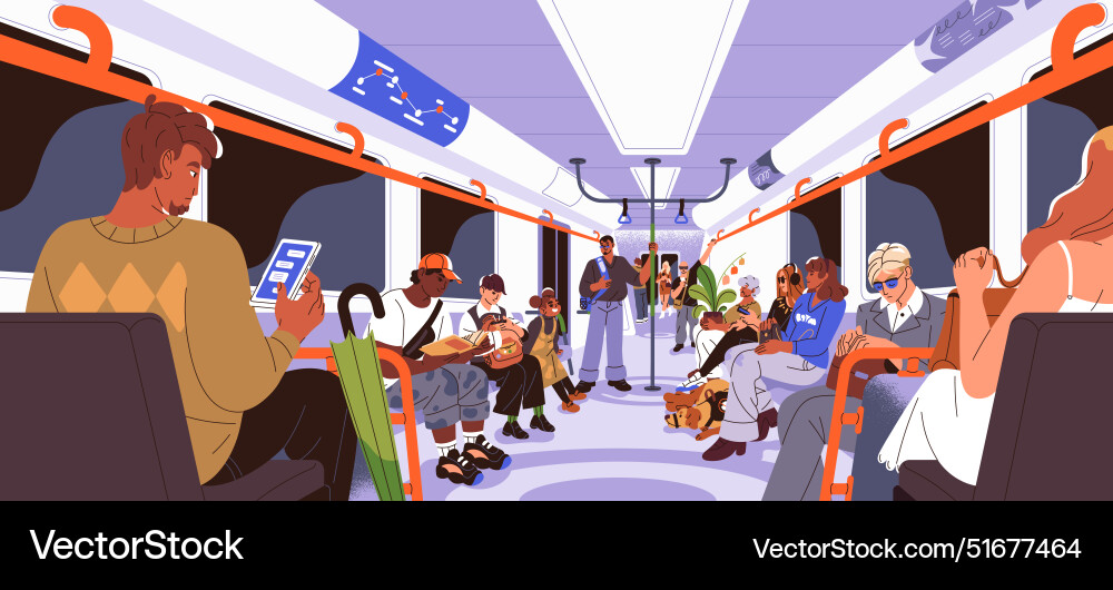 Diverse people ride on subway crowd sits seats Vector Image