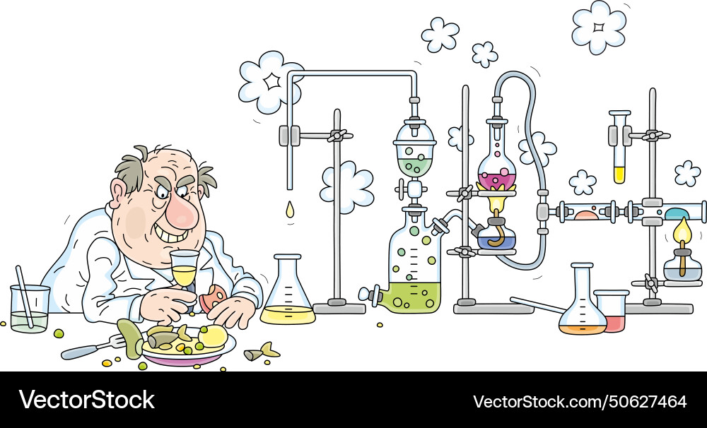 Funny chemist at an experiment with moonshine Vector Image