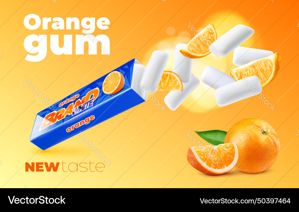 Realistic orange fruit chewing gum banner Vector Image
