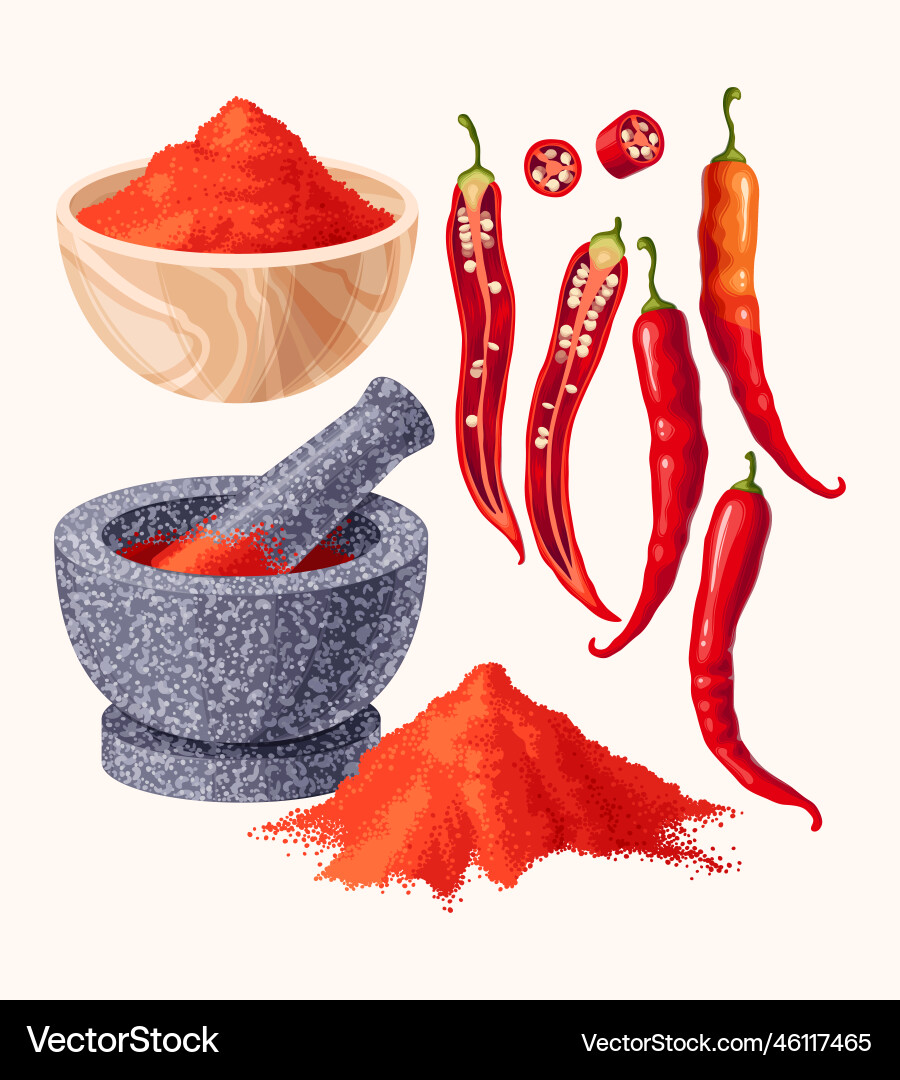 Set of chilli peppers and powder Royalty Free Vector Image