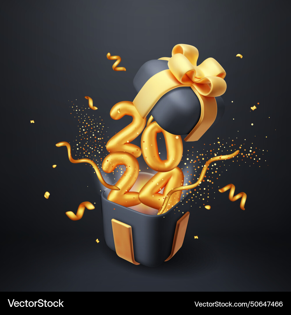 3d open gift box with sign 2024 and confetti Vector Image