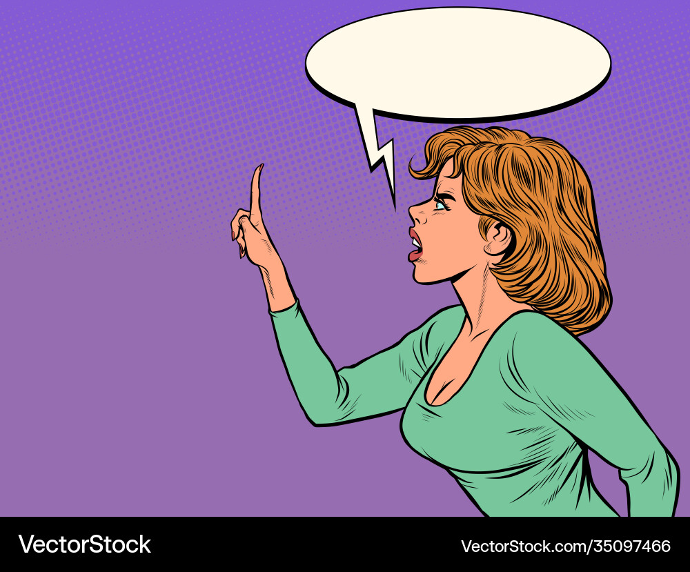 An aggressive white woman gestures with her index Vector Image