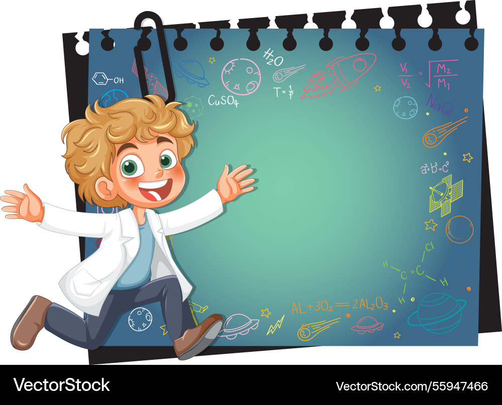 Cheerful child in lab coat with science doodles Vector Image