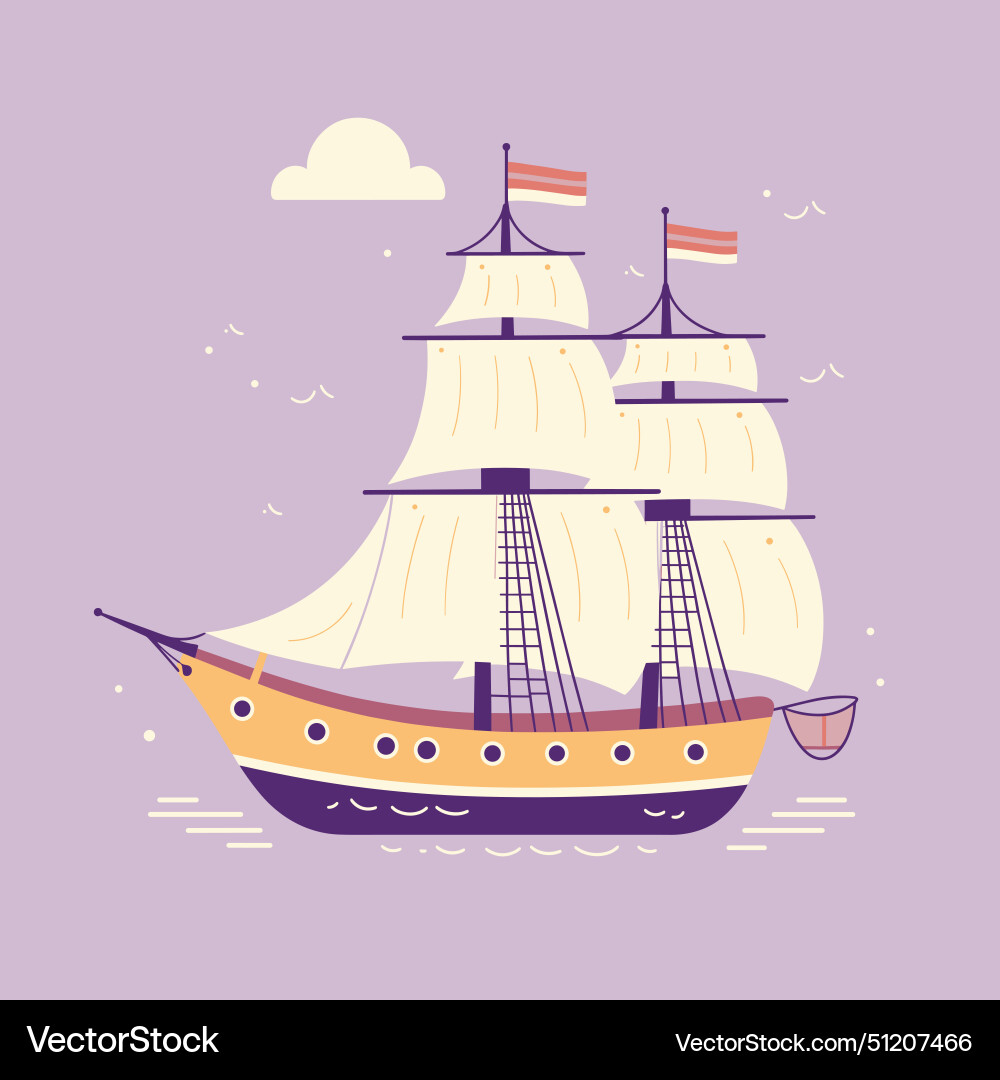 Sailing ship cartoon purple Royalty Free Vector Image