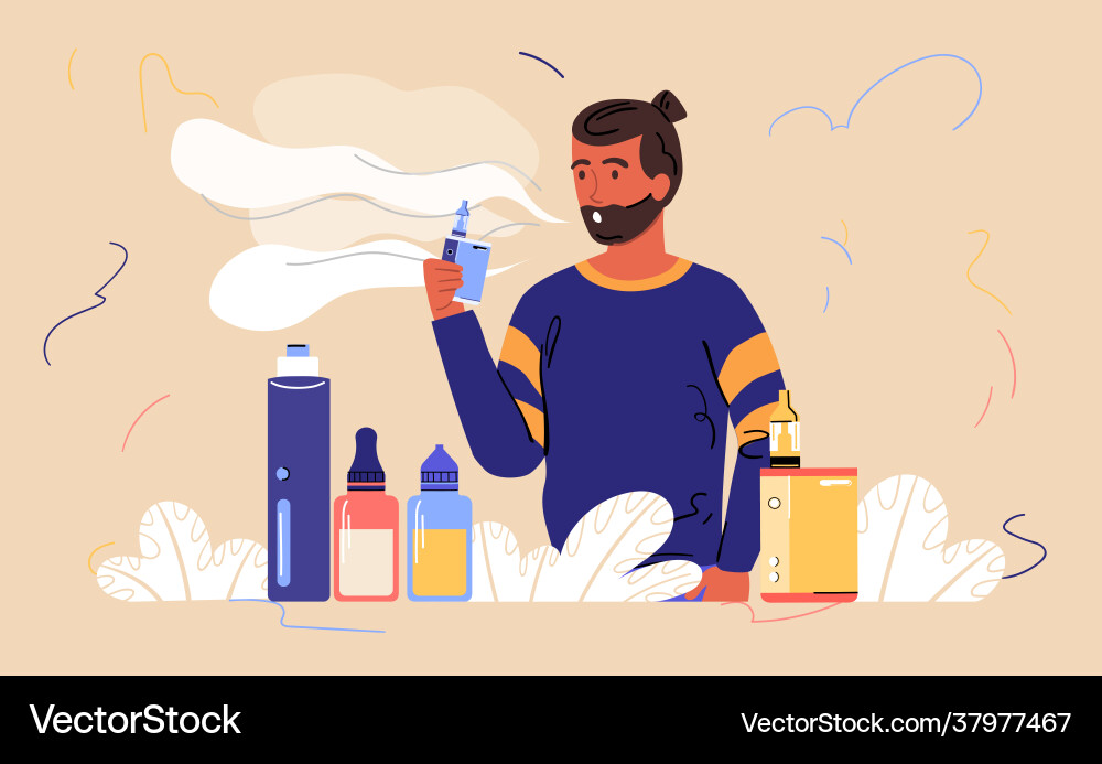 Male bearded character is enjoing vaping Vector Image