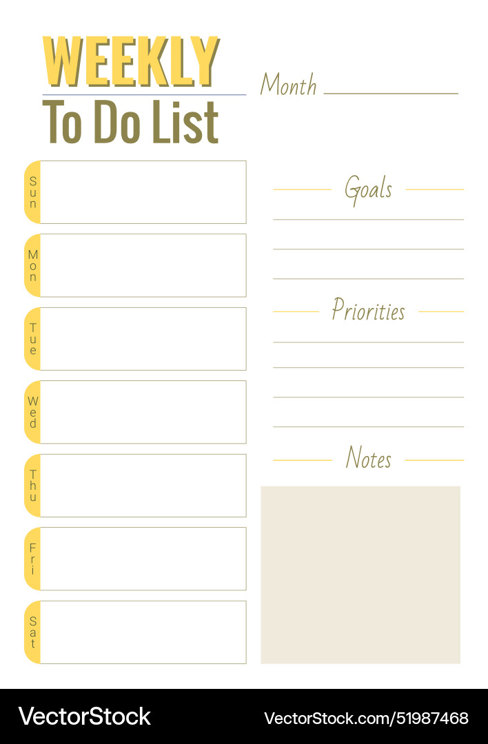A4 weekly to-do plan template with space for text Vector Image