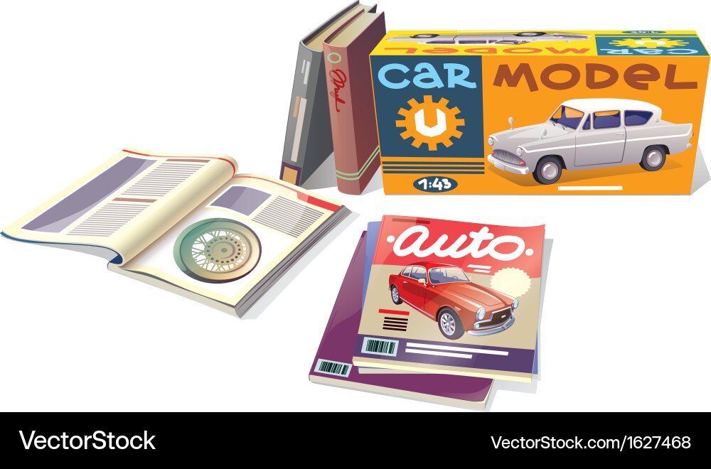 Books, Magazines, and Car Model Royalty Free Vector Image