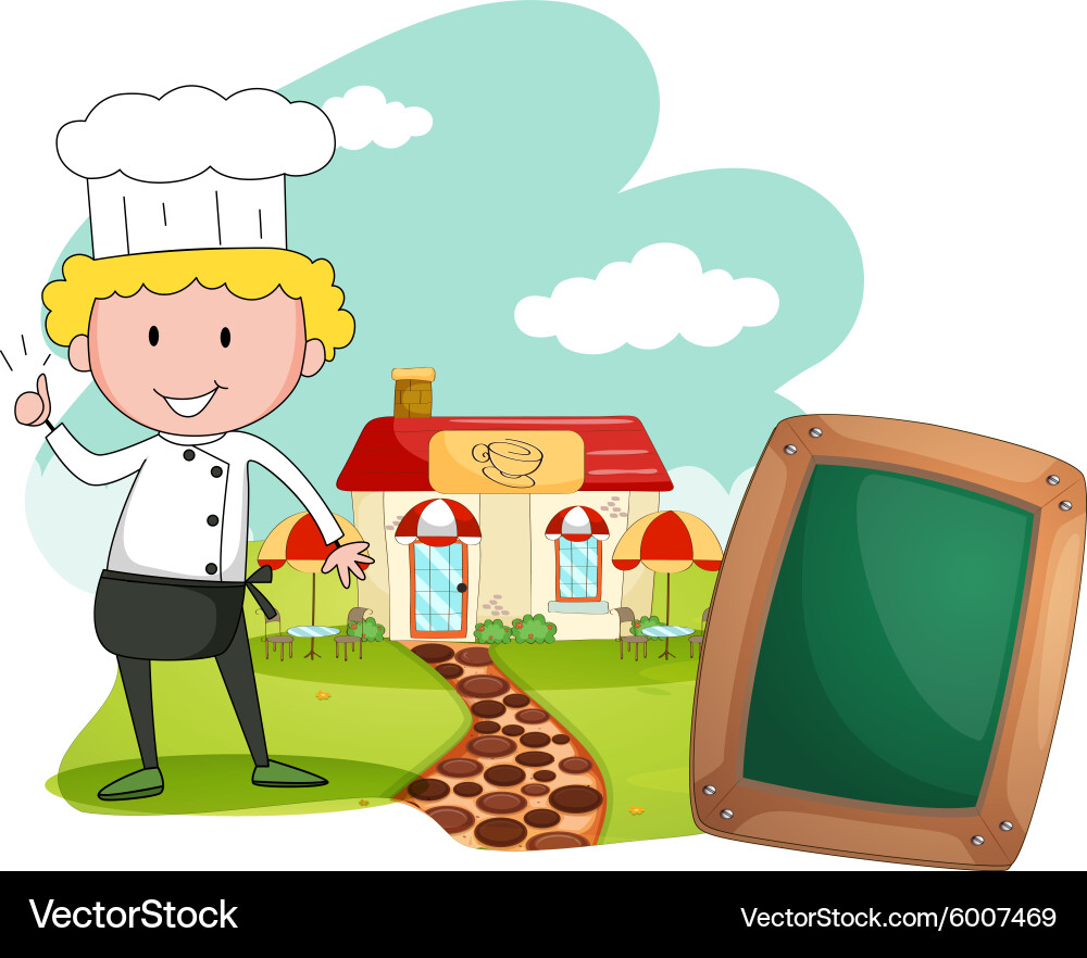 Chef standing in front of cafe Royalty Free Vector Image