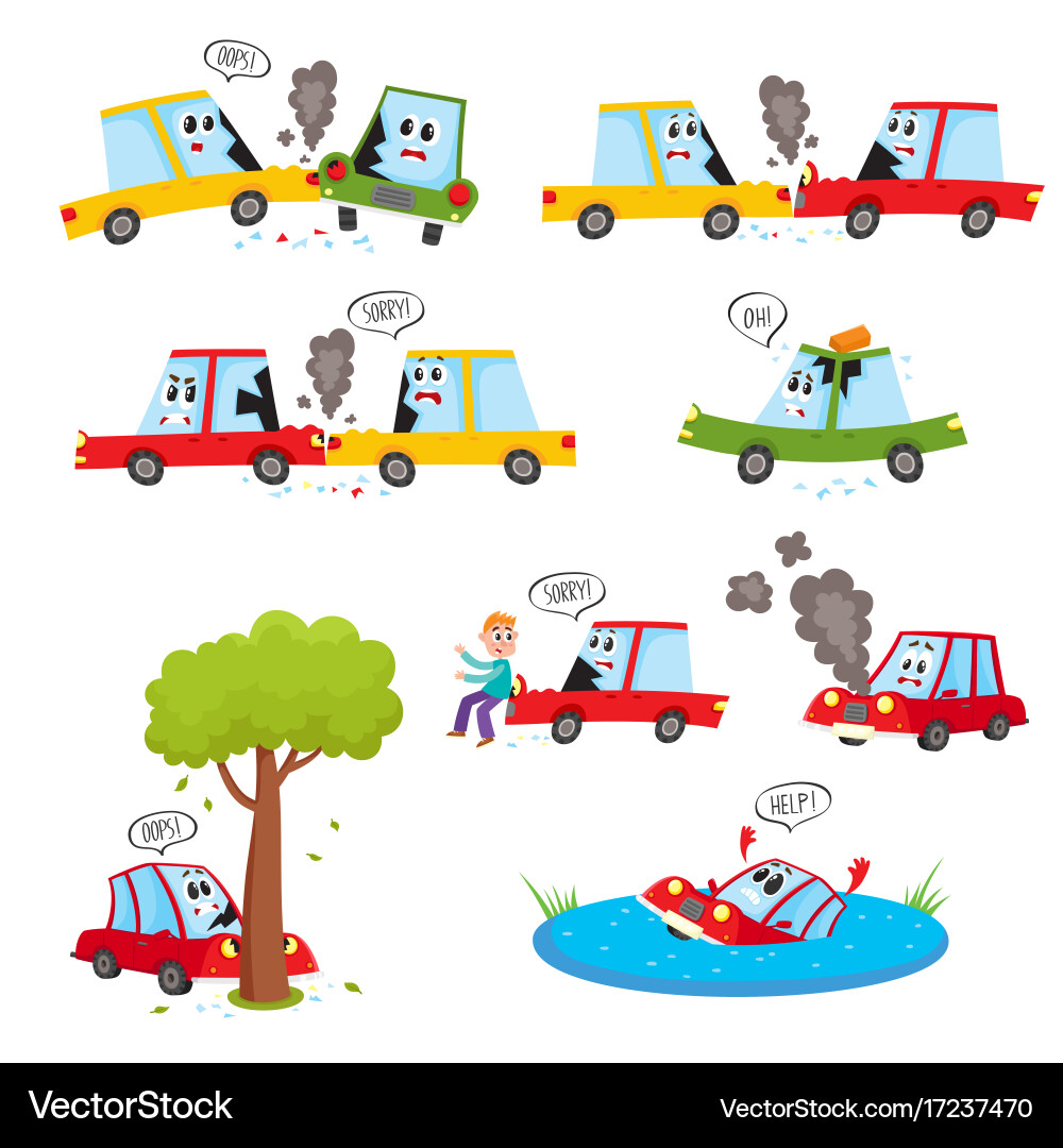 Funny car characters - accident crash collision Vector Image