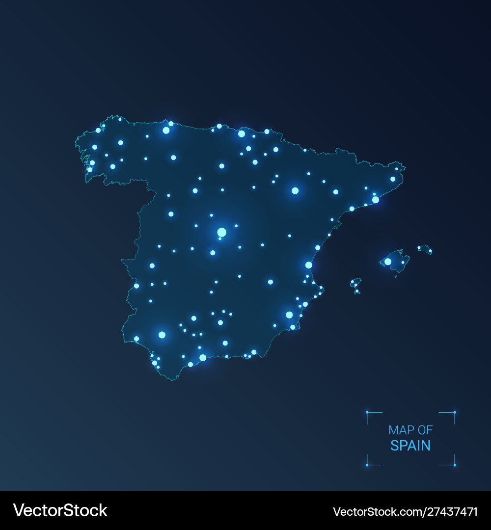 Spain map with cities luminous dots - neon lights Vector Image